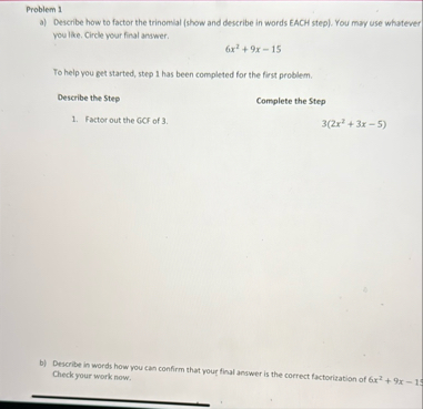 Solved Problem 1a) ﻿Describe how to factor the trinomial | Chegg.com