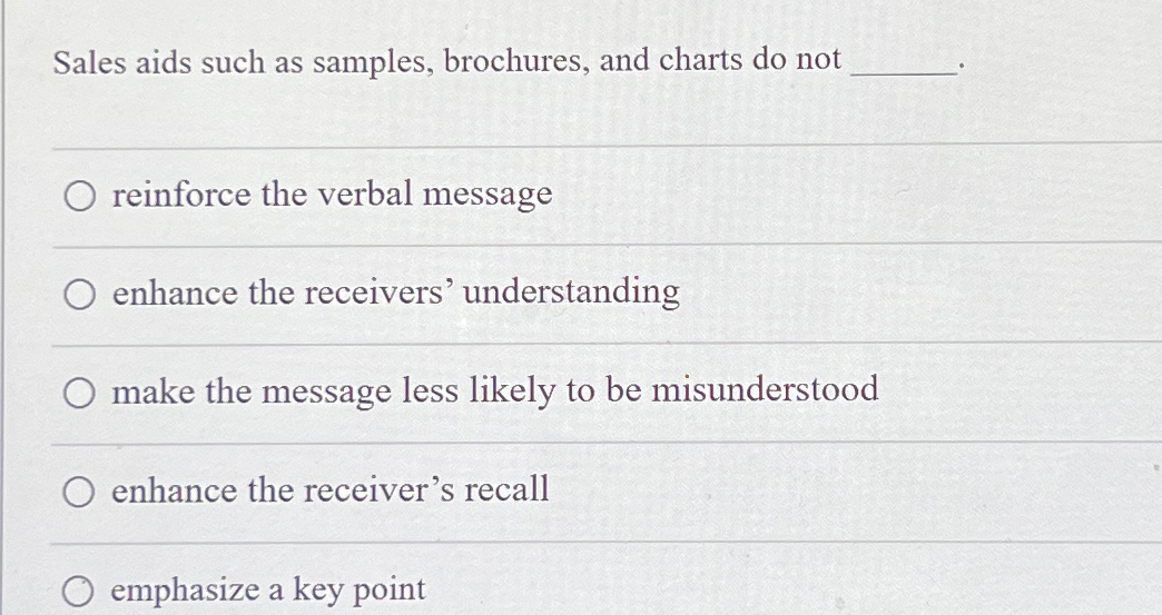 Solved Sales aids such as samples, brochures, and charts do | Chegg.com
