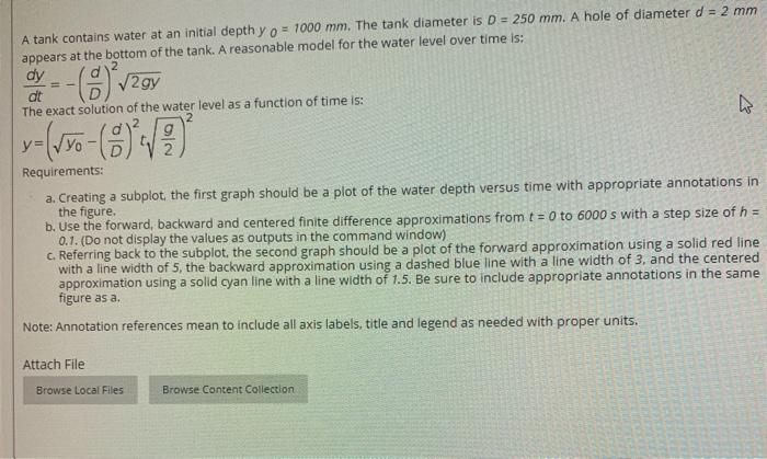 Solved A tank contains water at an initial depth yo = 1000 | Chegg.com