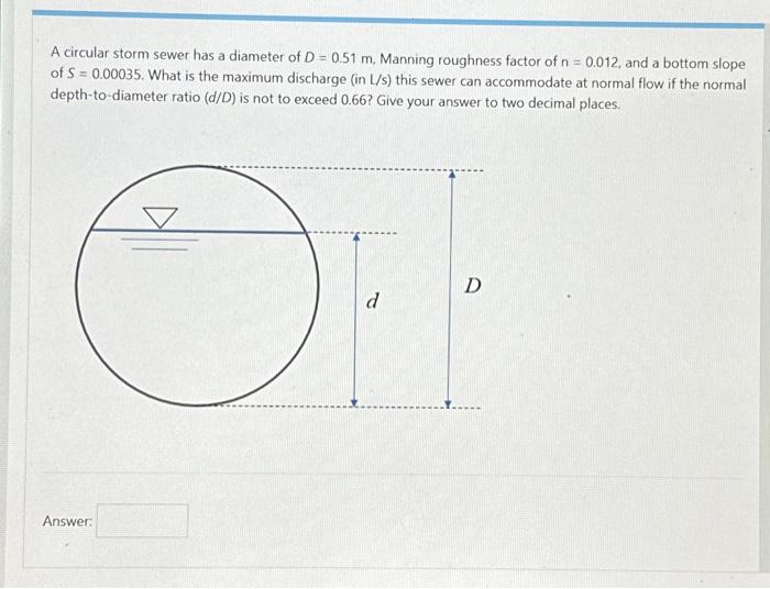 Solved A circular storm sewer has a diameter of D = 0.51 m, | Chegg.com