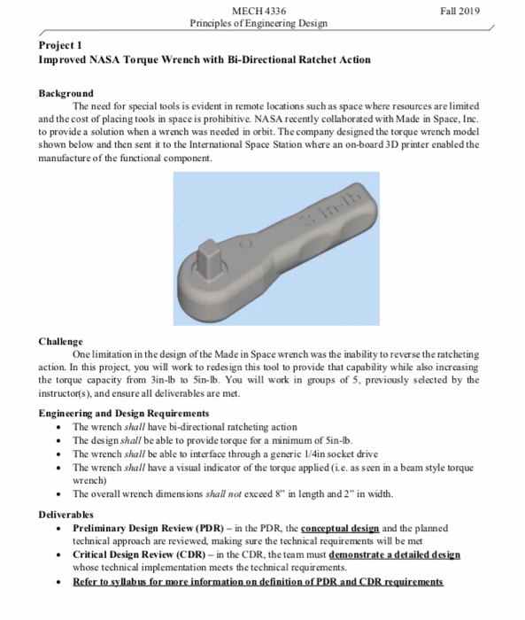 Fall 2019 MECH 4336 Principles of Engineering Design | Chegg.com