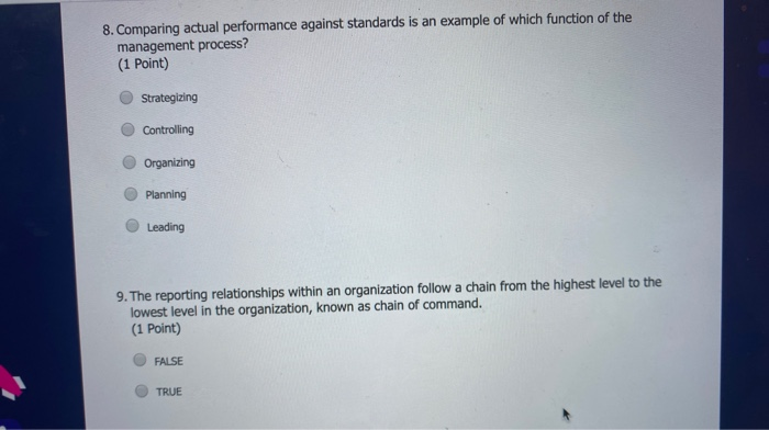 Solved 8. Comparing actual performance against standards is | Chegg.com