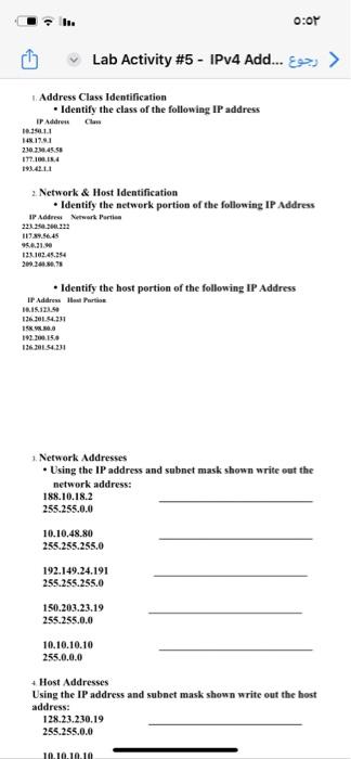 Solved I. Address Class Identification - Identify the class | Chegg.com