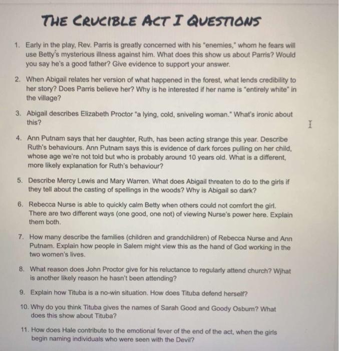 THE CRUCIBLE ACT I QUESTIONS 1. Early in the play, | Chegg.com