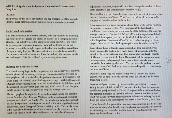 WK1 Excel Application Assignment: Competitive Markets | Chegg.com