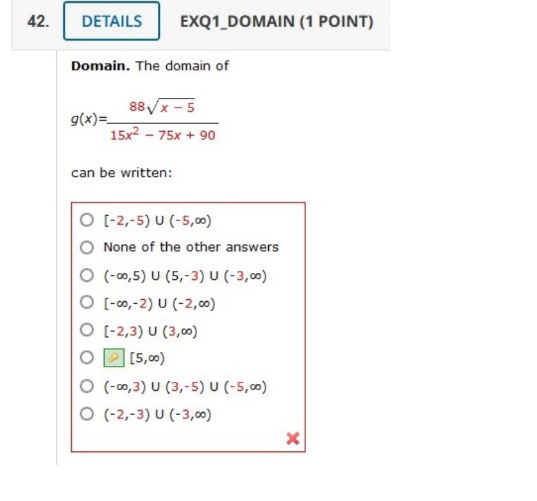 Solved Domain. The domain ofg(x)=88x-5215x2-75x+90can be | Chegg.com Solved Domain. The domain ofg(x)=88x-5215x2-75x+90can be | Chegg.com