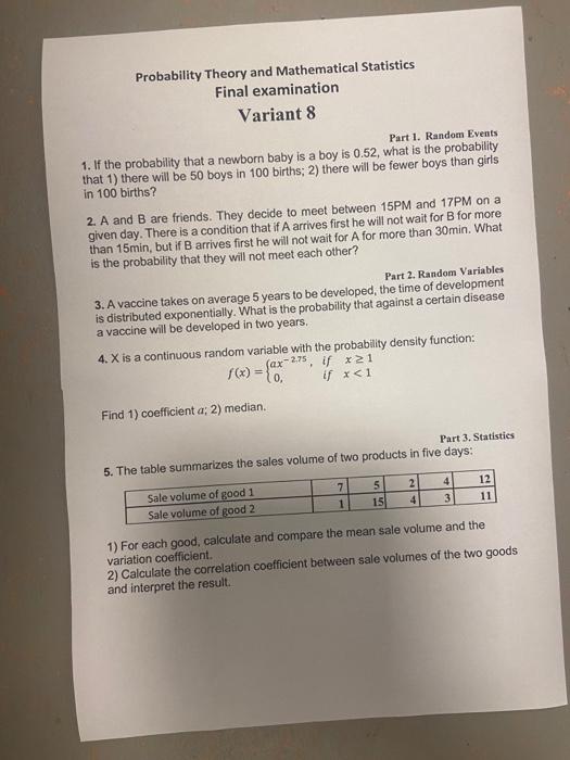 Probability Theory and Mathematical Statistics Final | Chegg.com