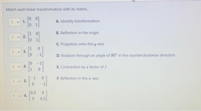 Solved Match each linear transformation with its matrix. 1. | Chegg.com