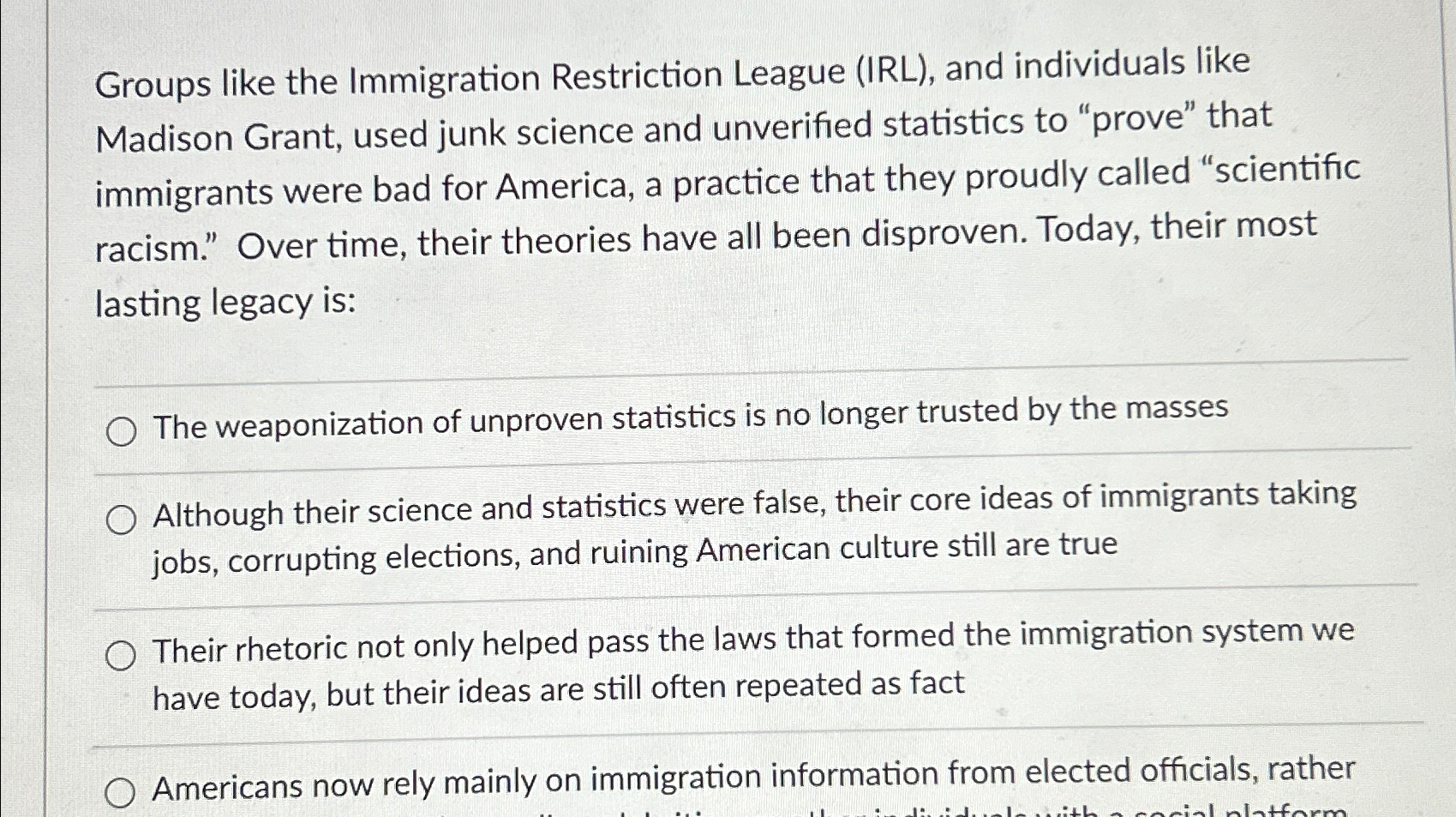 Solved Groups like the Immigration Restriction League (IRL), | Chegg.com