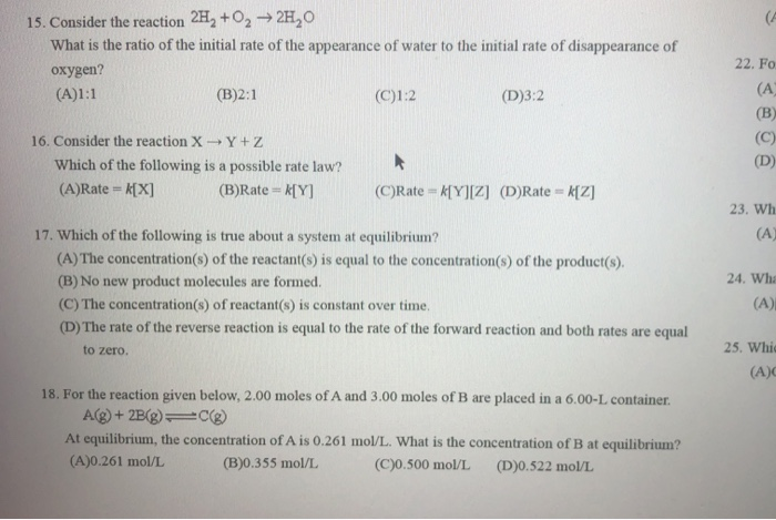 Solved ( 15. Consider the reaction 2H, +02 → 2H20 What is | Chegg.com