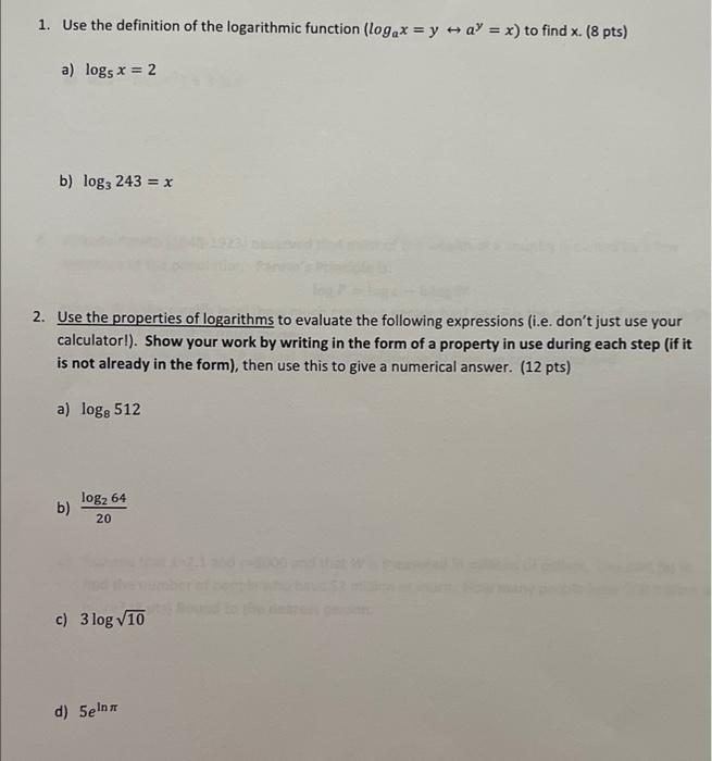 Solved 1) Use the definition of the logarithmic function | Chegg.com