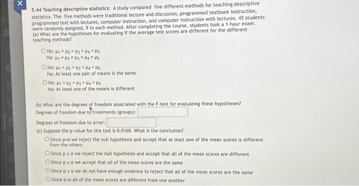 Solved 5.44 Teaching descriptive statistics: A study | Chegg.com