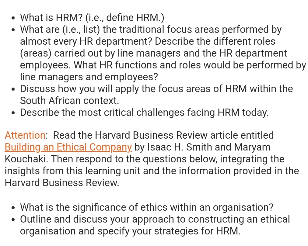 Solved What is HRM? (i.e., ﻿define HRM.)What are (i.e., | Chegg.com