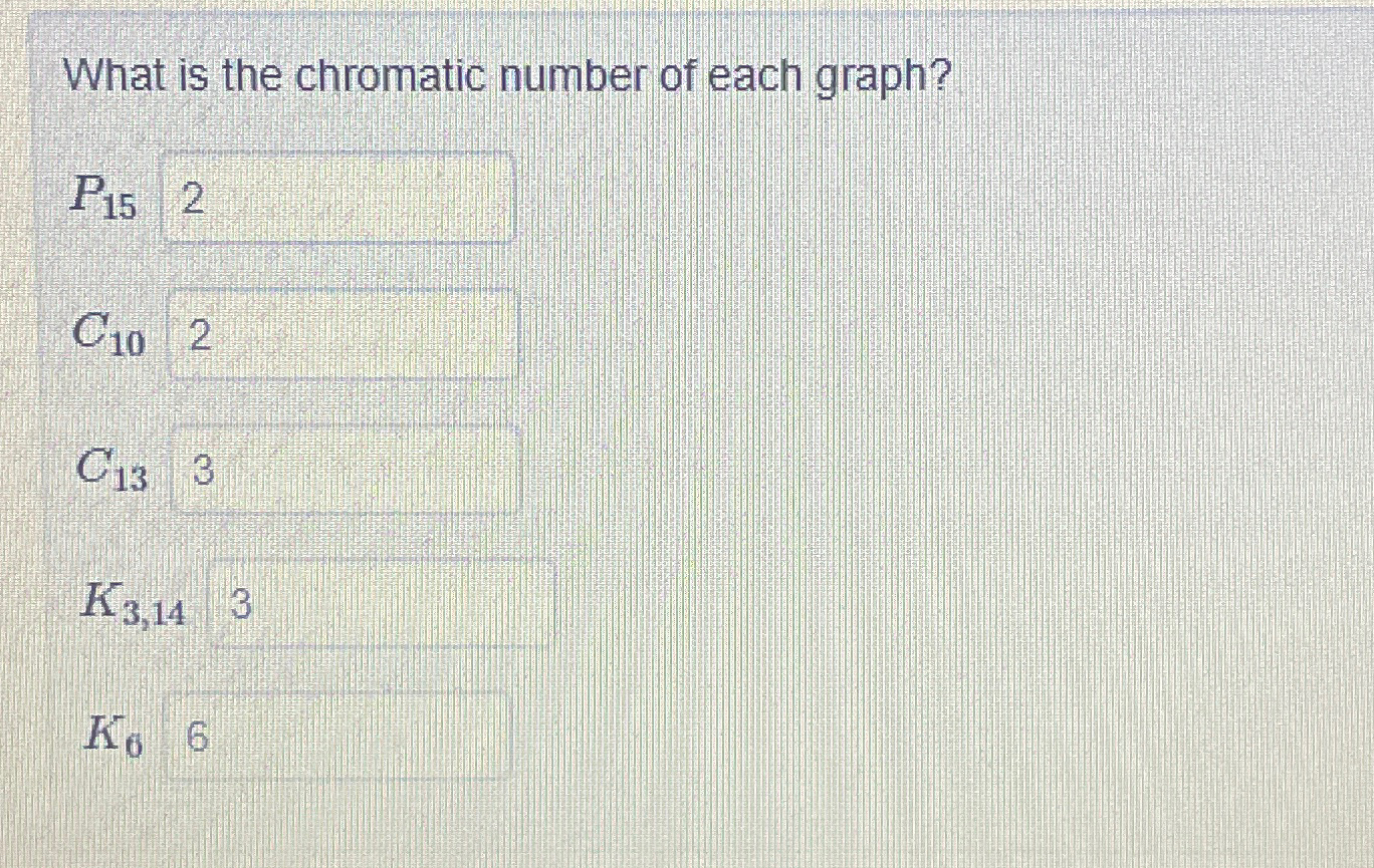 Solved What is the chromatic number of each | Chegg.com