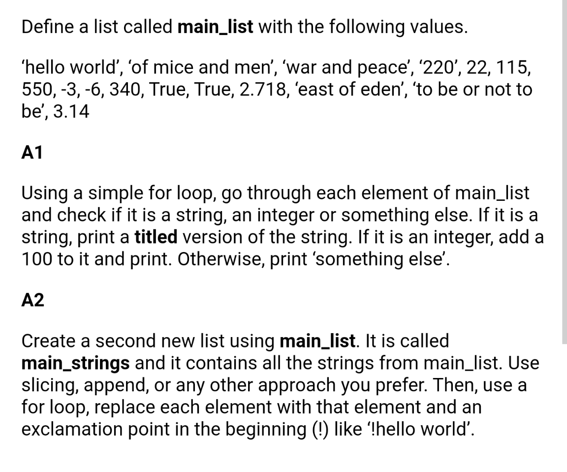 Solved Define a list called main_list with the following | Chegg.com