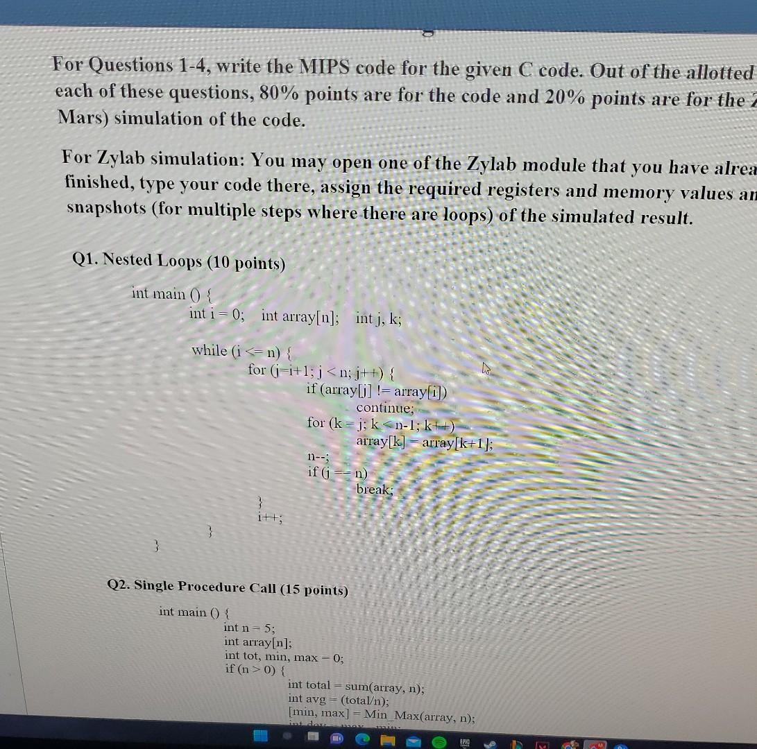 For Questions 1-4, write the MIPS code for the given | Chegg.com