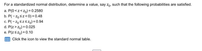 Solved For a standardized normal distribution, determine a | Chegg.com