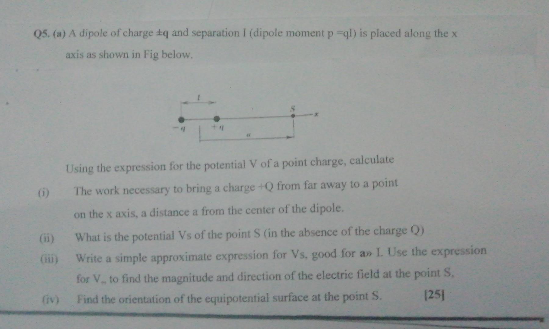 Solved Q5. (a) A dipole of charge ±q and separation I | Chegg.com