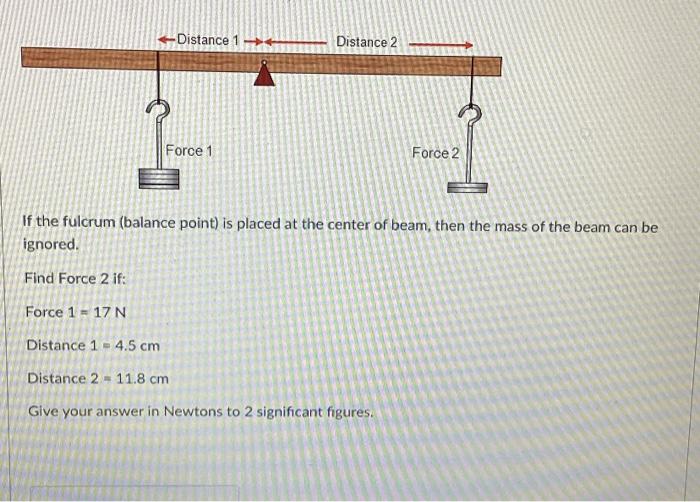 Solved Find Force 2 if: Force 1 17 N Distance 1 = 4.5 cm | Chegg.com Solved Find Force 2 if: Force 1 17 N Distance 1 = 4.5 cm | Chegg.com
