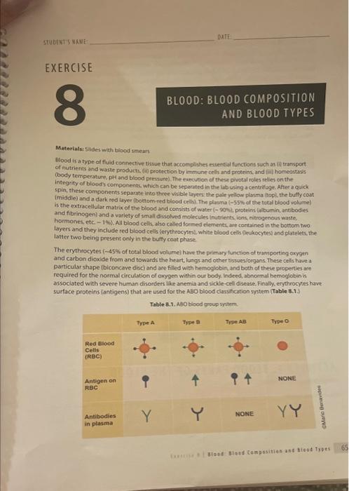 Solved EXERCISE BLOOD: BLOOD COMPOSITION AND BLOOD TYPES | Chegg.com