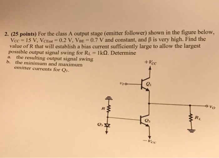 Solved 2. (25 points) For the class A output stage (emitter | Chegg.com