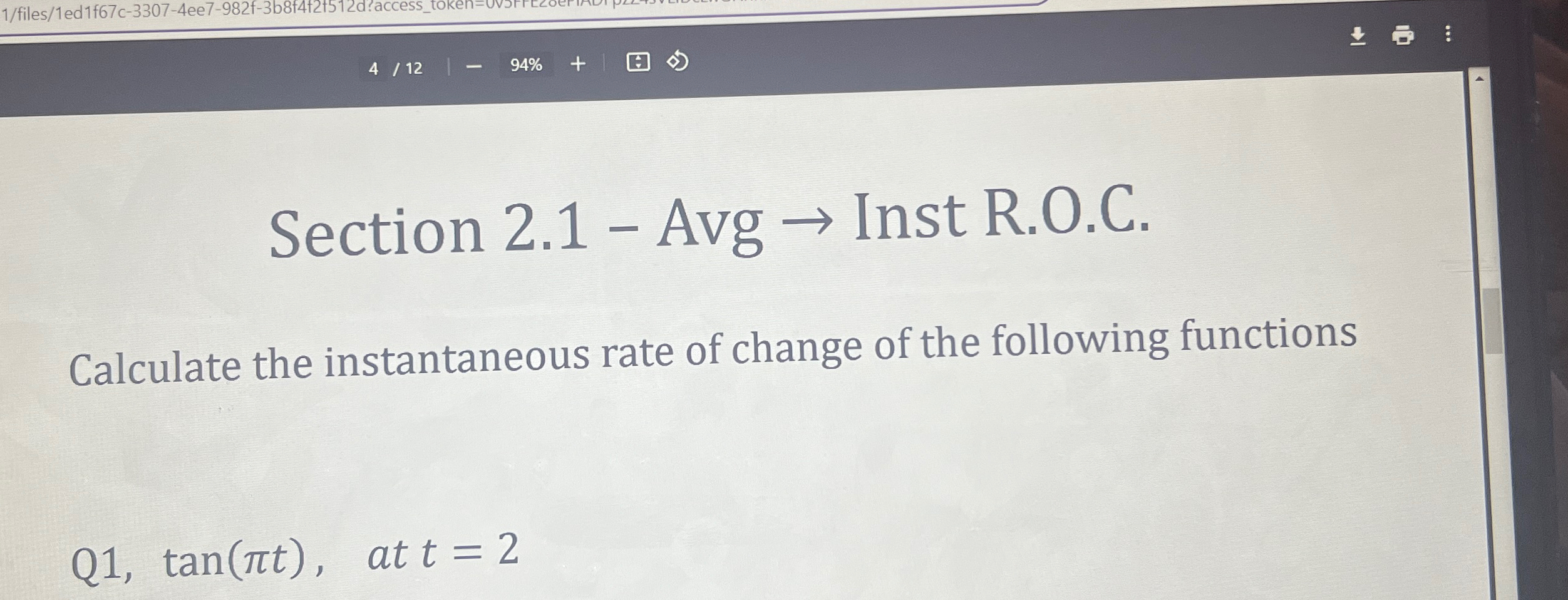 Solved Section 2.1 - ﻿Avg → ﻿Inst R.O.C.Calculate the | Chegg.com