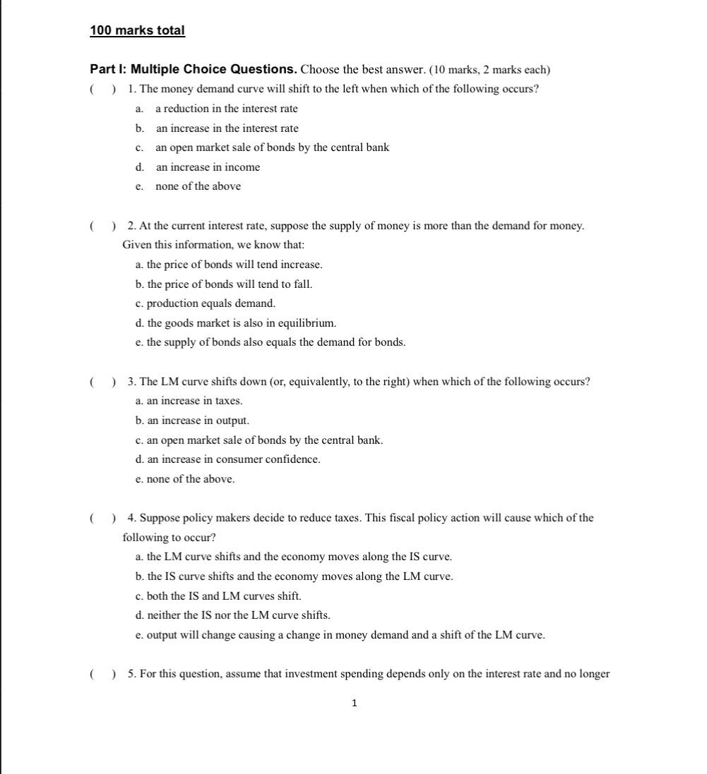 Solved Part I: Multiple Choice Questions. Choose the best | Chegg.com