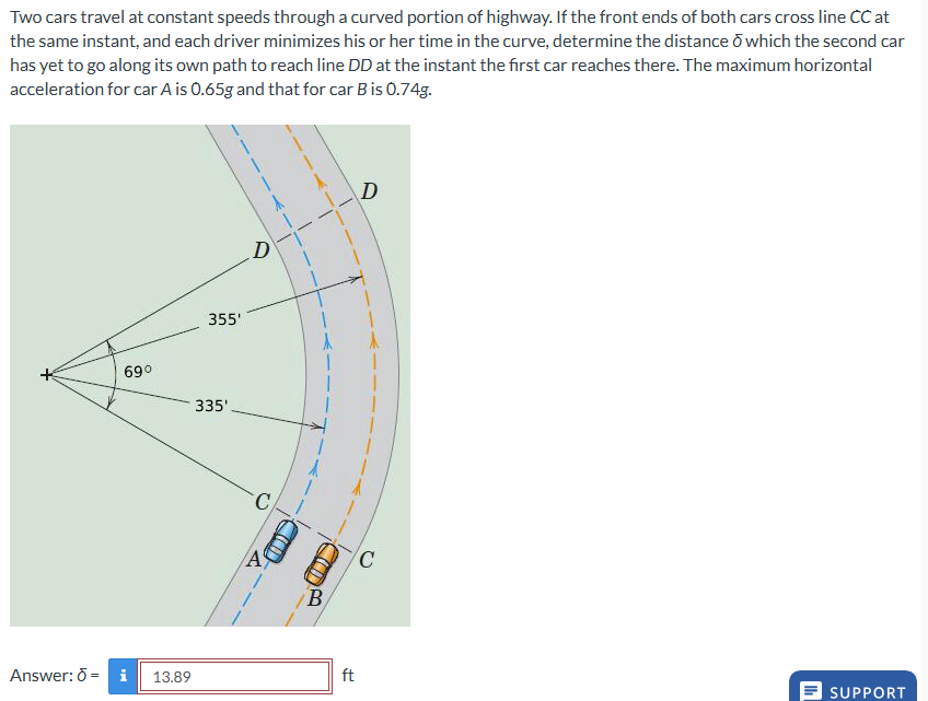 Solved Two cars travel at constant speeds through a curved | Chegg.com