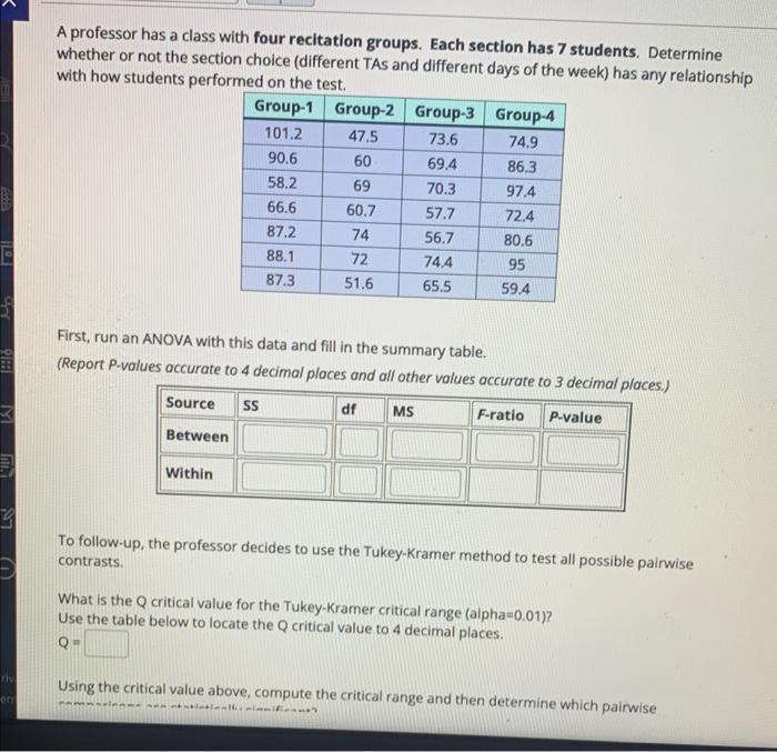 Solved A professor has a class with four recitation groups. | Chegg.com