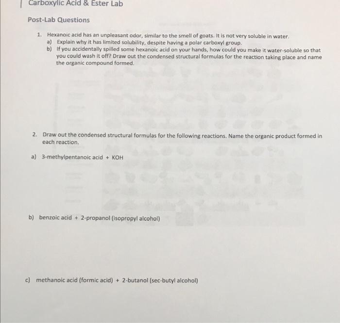Solved Carboxylic Acid & Ester Lab Post-Lab Questions 1. | Chegg.com