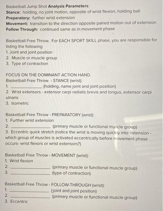 Basketball Jump Shot Analysis Parameters: Stance: | Chegg.com