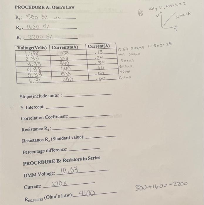Solved PROCEDURE A: Ohm's Law R1:3005%R2:16005%R3:22005% SA | Chegg.com