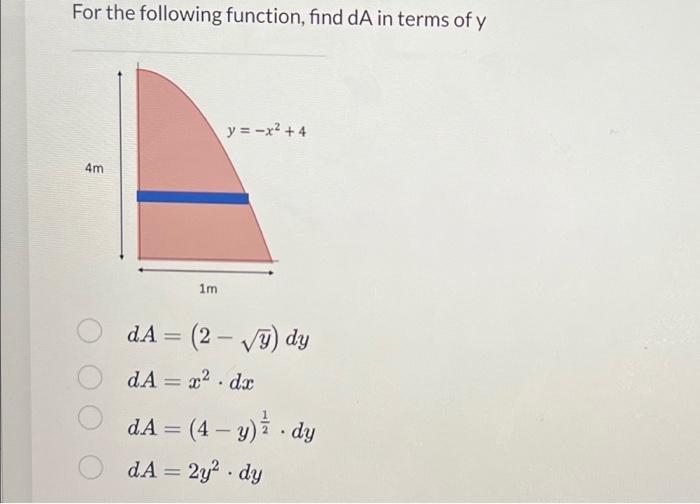 Solved For the following function, find dA in terms of y | Chegg.com