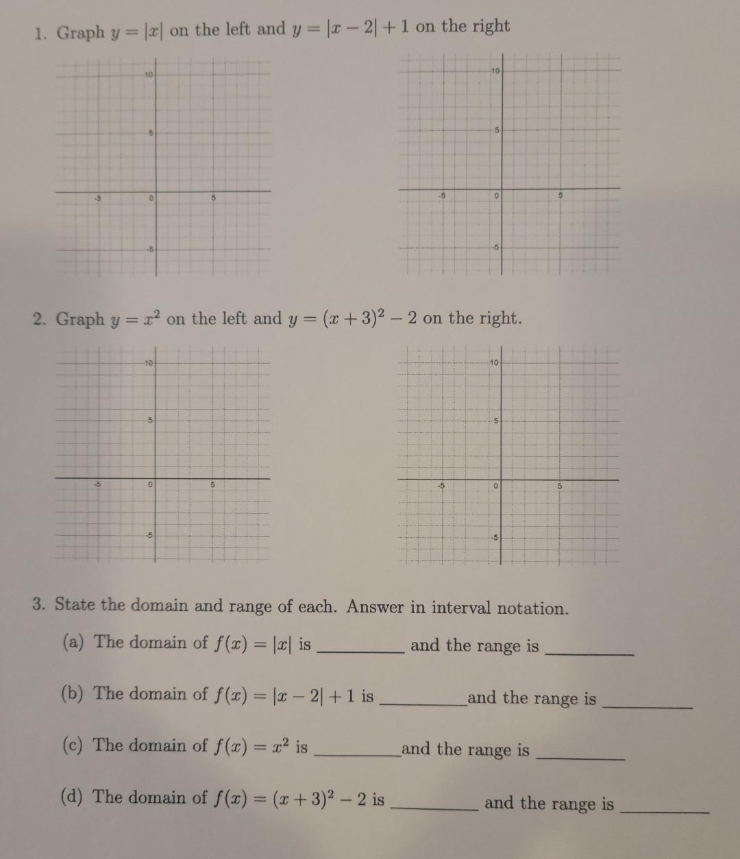 Solved 1. Graph y=∣x∣ on the left and y=∣x−2∣+1 on the right | Chegg.com Solved 1. Graph y=∣x∣ on the left and y=∣x−2∣+1 on the right | Chegg.com