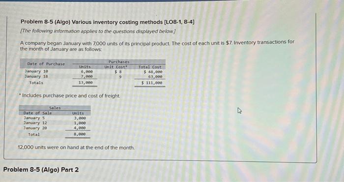 Solved Problem 8-5 (Algo) Various inventory costing methods | Chegg.com