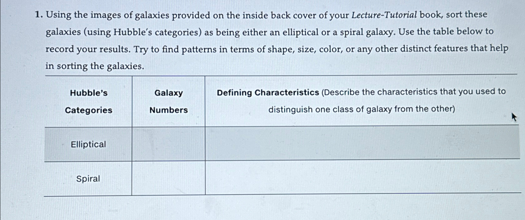 Solved Using the images of galaxies provided on the inside | Chegg.com