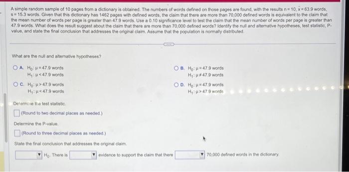 Solved A simple random sample of 10 pages from a dictionary | Chegg.com