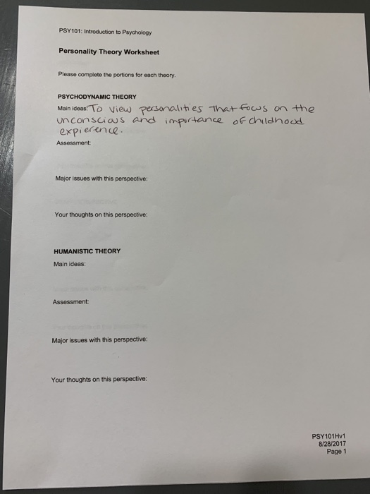 Solved PSY101: Introduction to Psychology Personality Theory | Chegg.com