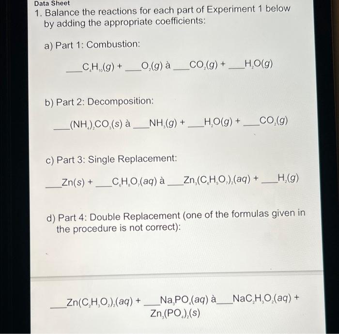 Solved _C4H10(g)+_O2(g) aˋ _CO2(g)+_H2O(g) b) Part 2: | Chegg.com