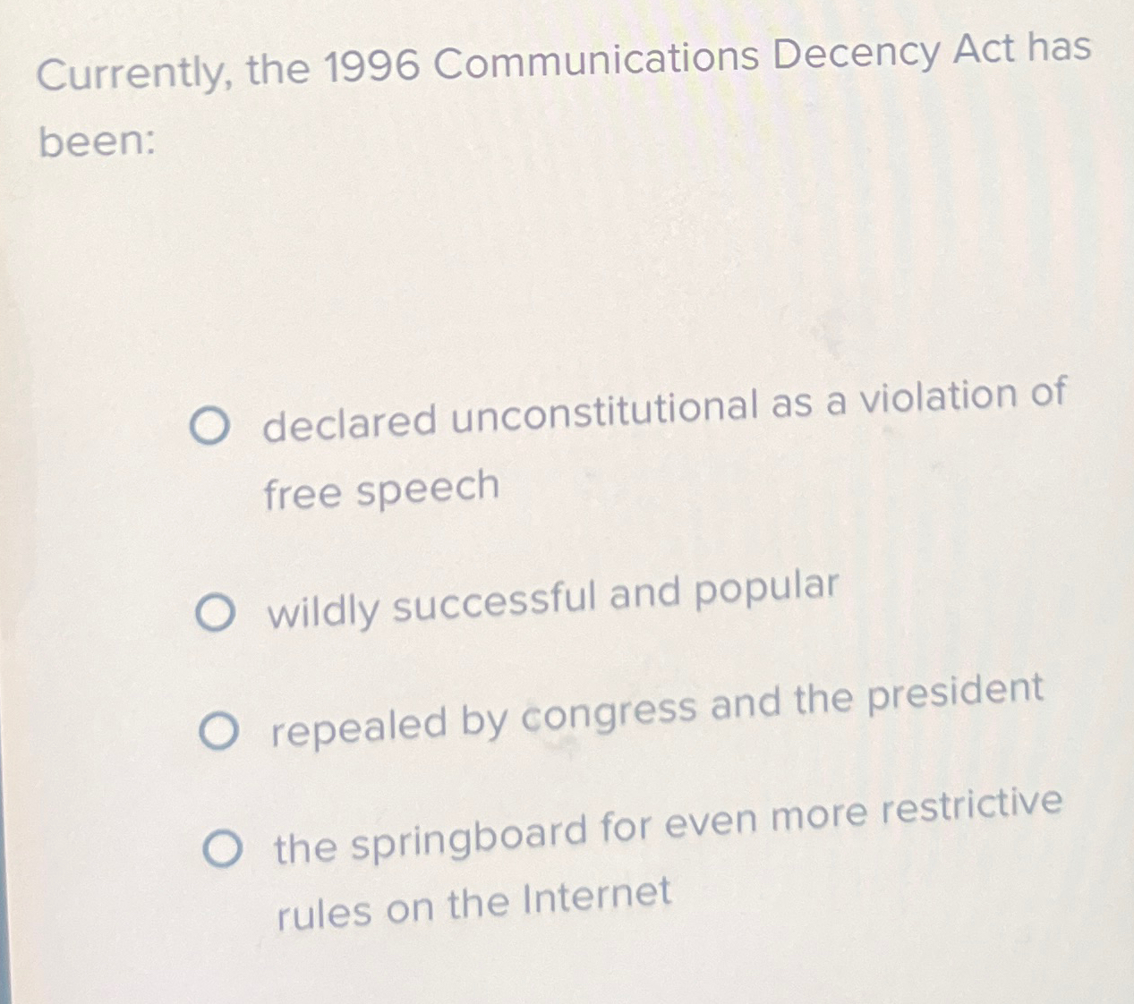 Solved Currently, the 1996 ﻿Communications Decency Act has | Chegg.com