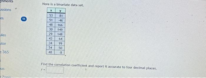 Solved Here is a bivariate data set. Find the correlation | Chegg.com