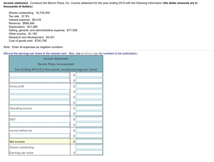 Solved Income statement. Construct the Barron Pizza, Inc. | Chegg.com