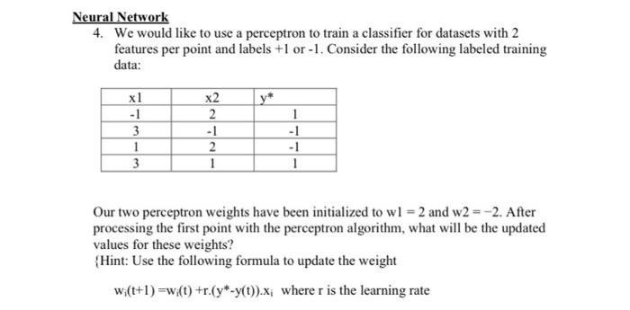 Solved eural Network 4. We would like to use a perceptron to | Chegg.com