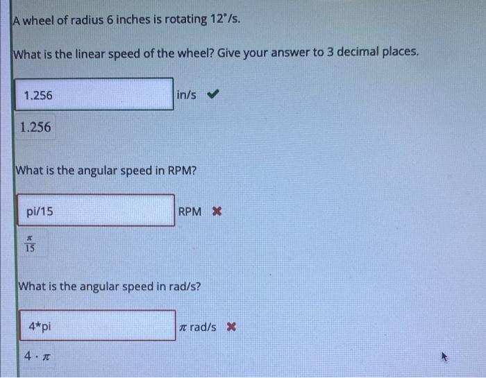Solved A wheel of radius 6 inches is rotating 12° /s. What | Chegg.com
