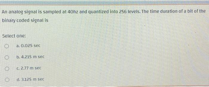Solved An analog signal is sampled at 40hz and quantized | Chegg.com