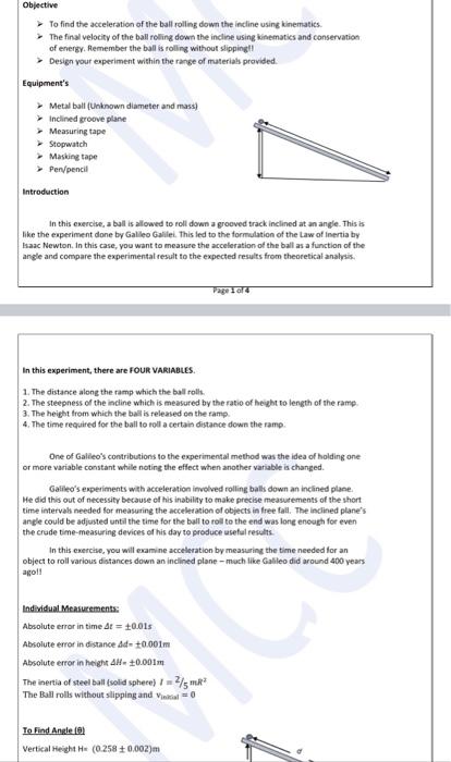 Solved Objective To find the acceleration of the ball | Chegg.com