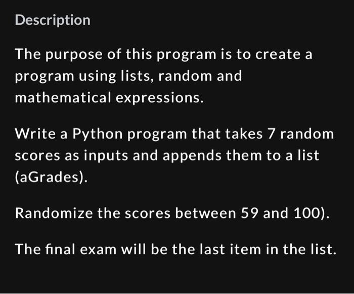 Solved Description The purpose of this program is to create | Chegg.com