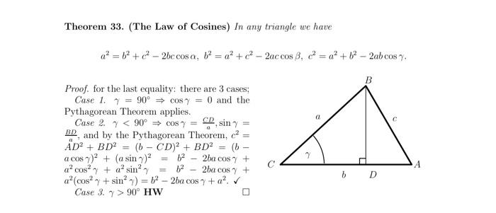 Solved Theorem 33. (The Law of Cosines) In any triangle we | Chegg.com