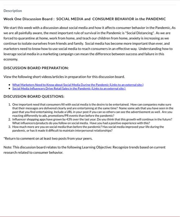Solved Description Week One Discussion Board: SOCIAL MEDIA | Chegg.com