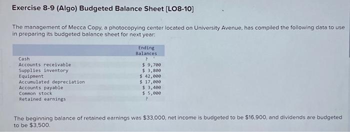 Solved Exercise 8-9 (Algo) Budgeted Balance Sheet [LO8-10] | Chegg.com
